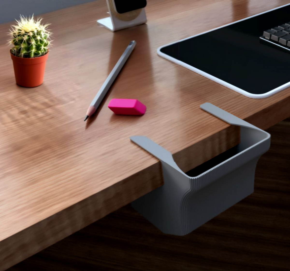 3D Printed Desk Trash Bin – Minimal Clip-On Organizer – DAR 3D